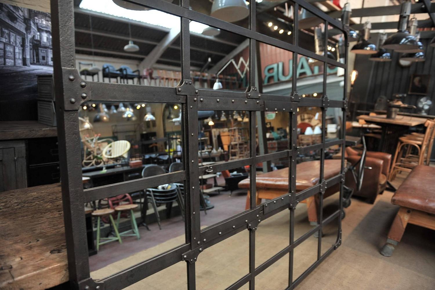 1900s Industrial Big French Riveted Window Factory Mirror at 1stdibs