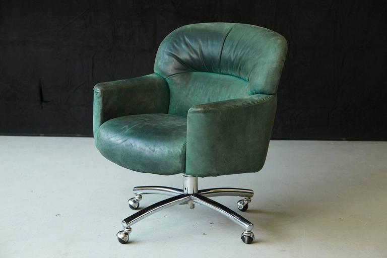 Green Suede Leather Swiveling Office Chair on Casters by Harter, 1970s ...