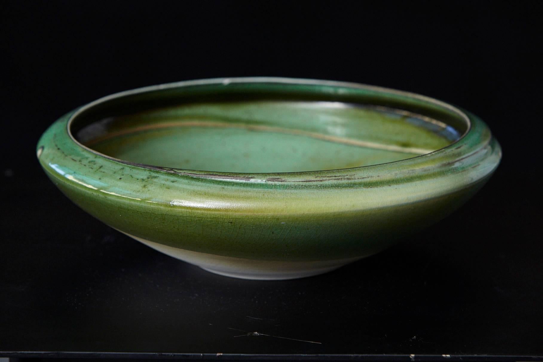 Chris Staley, Large Bowl with Irregular Shape and Partly Green Crackled ...