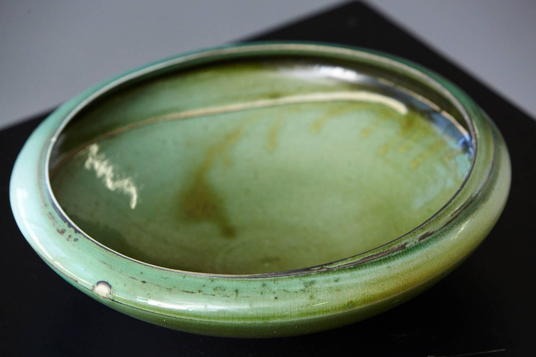 Chris Staley, Large Bowl with Irregular Shape and Partly Green Crackled ...