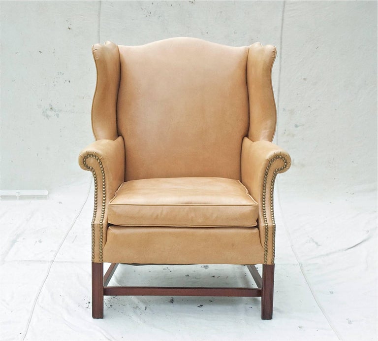 Wingback Chair in Leather and Nailhead Trim at 1stDibs