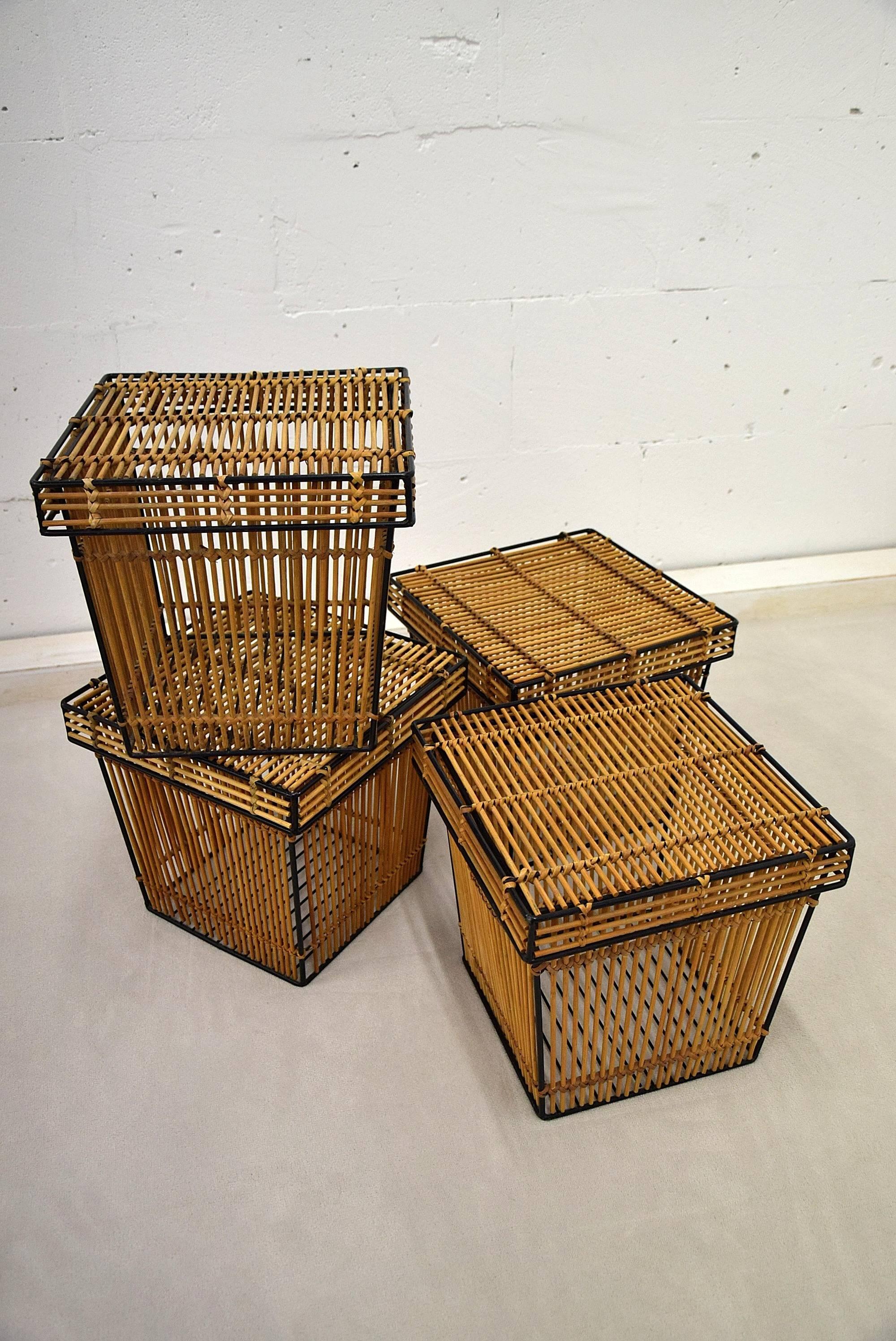 Mid century Modern Wicker and Steel Baskets For Sale at 1stDibs