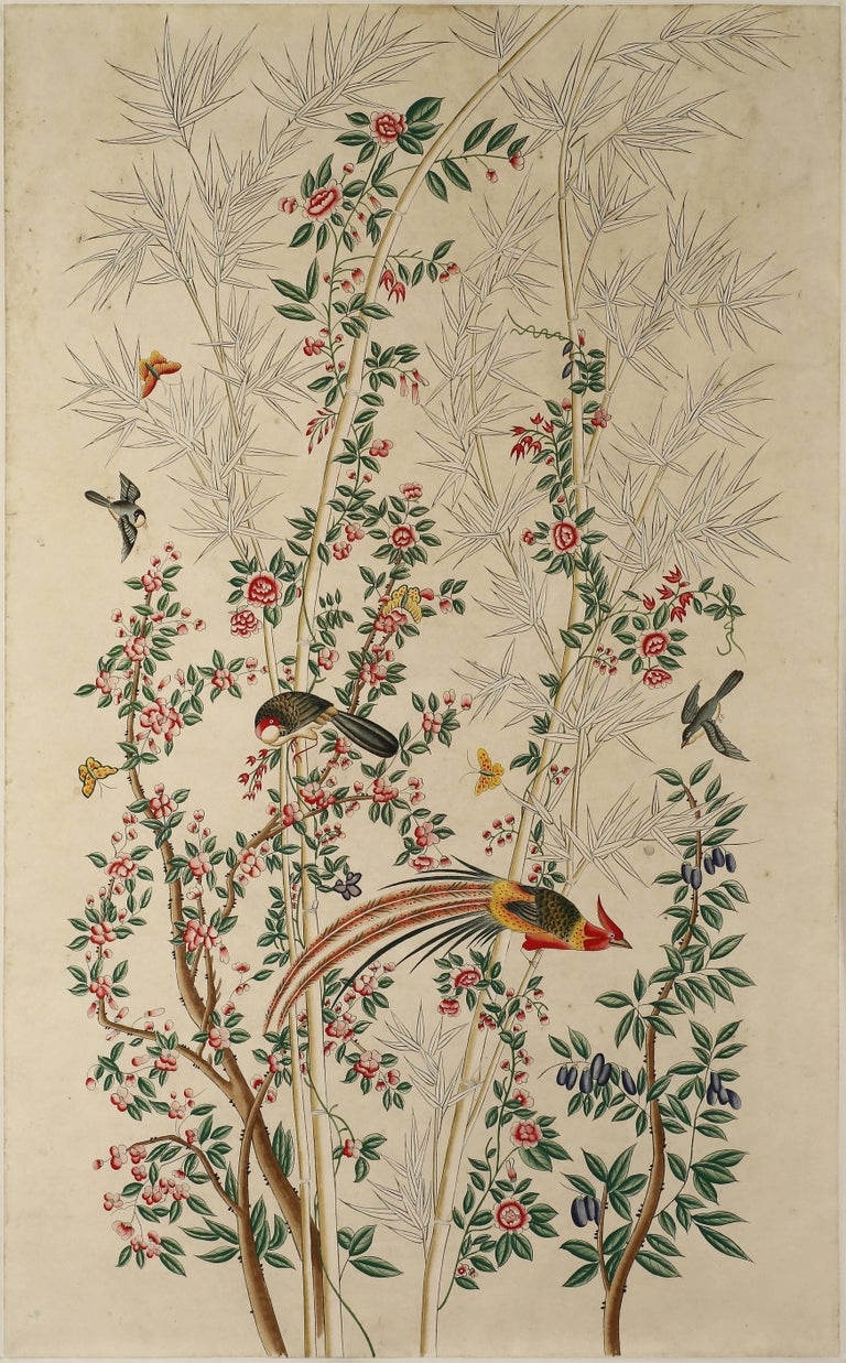 Pair of Chinoiserie Hand-Painted Paper Panels, Watercolor on Paper For ...
