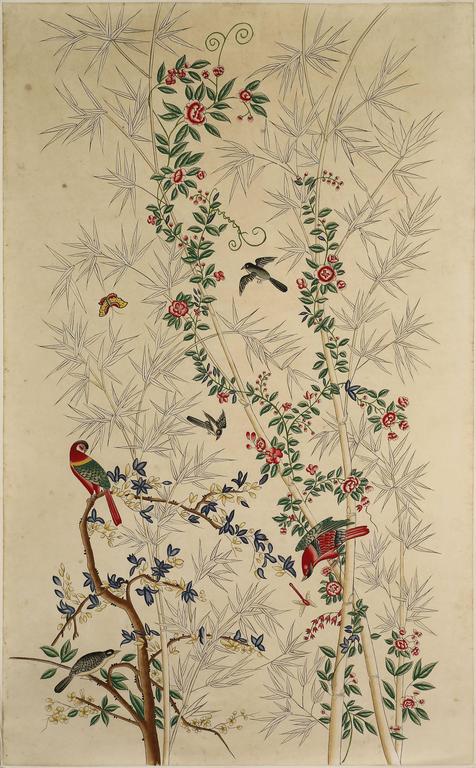 Pair of Chinoiserie Hand-Painted Paper Panels, Watercolour on Paper at ...