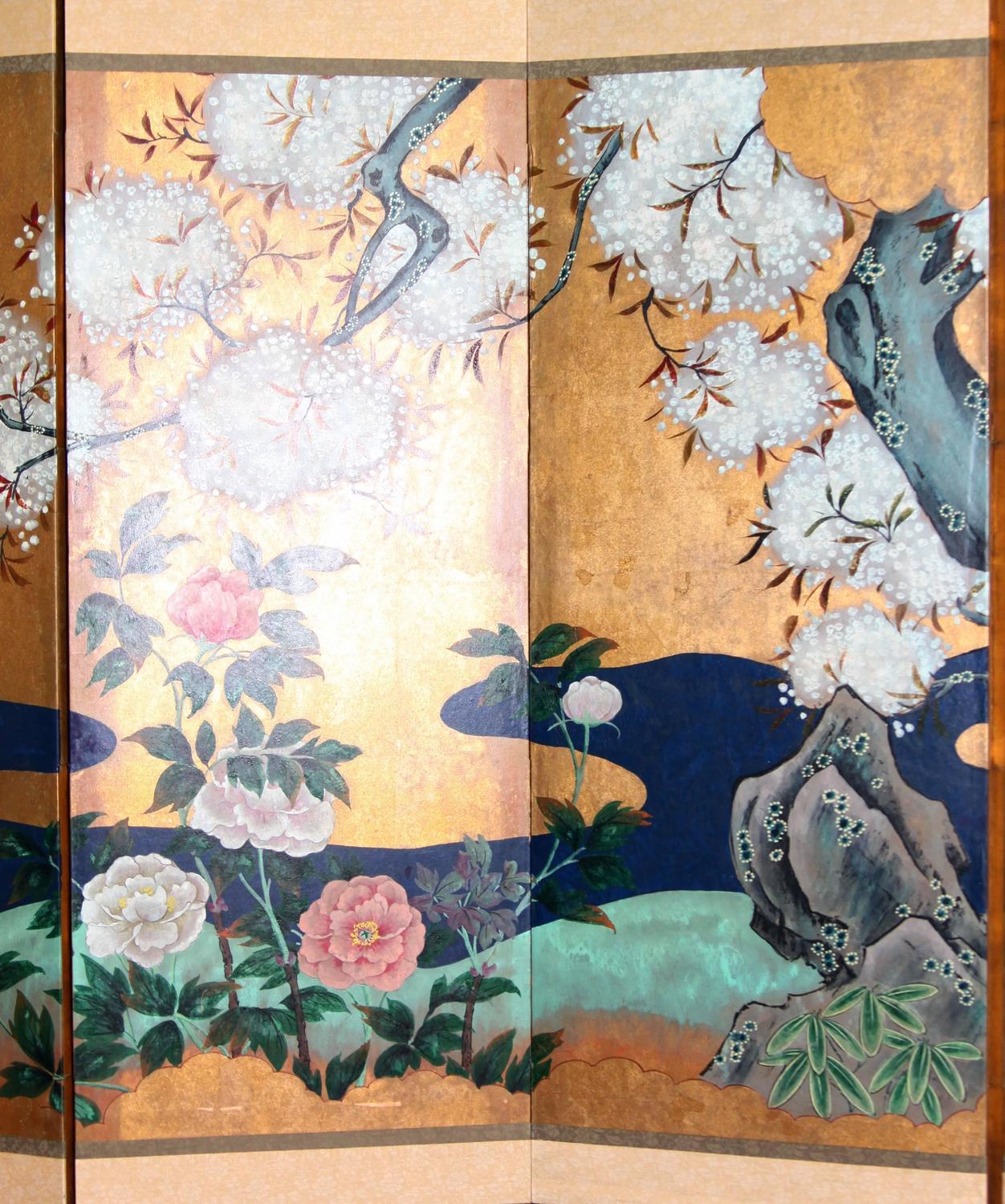 Hand-Painted Japanese Folding Screen Byobu Floral Painting, Watercolor ...