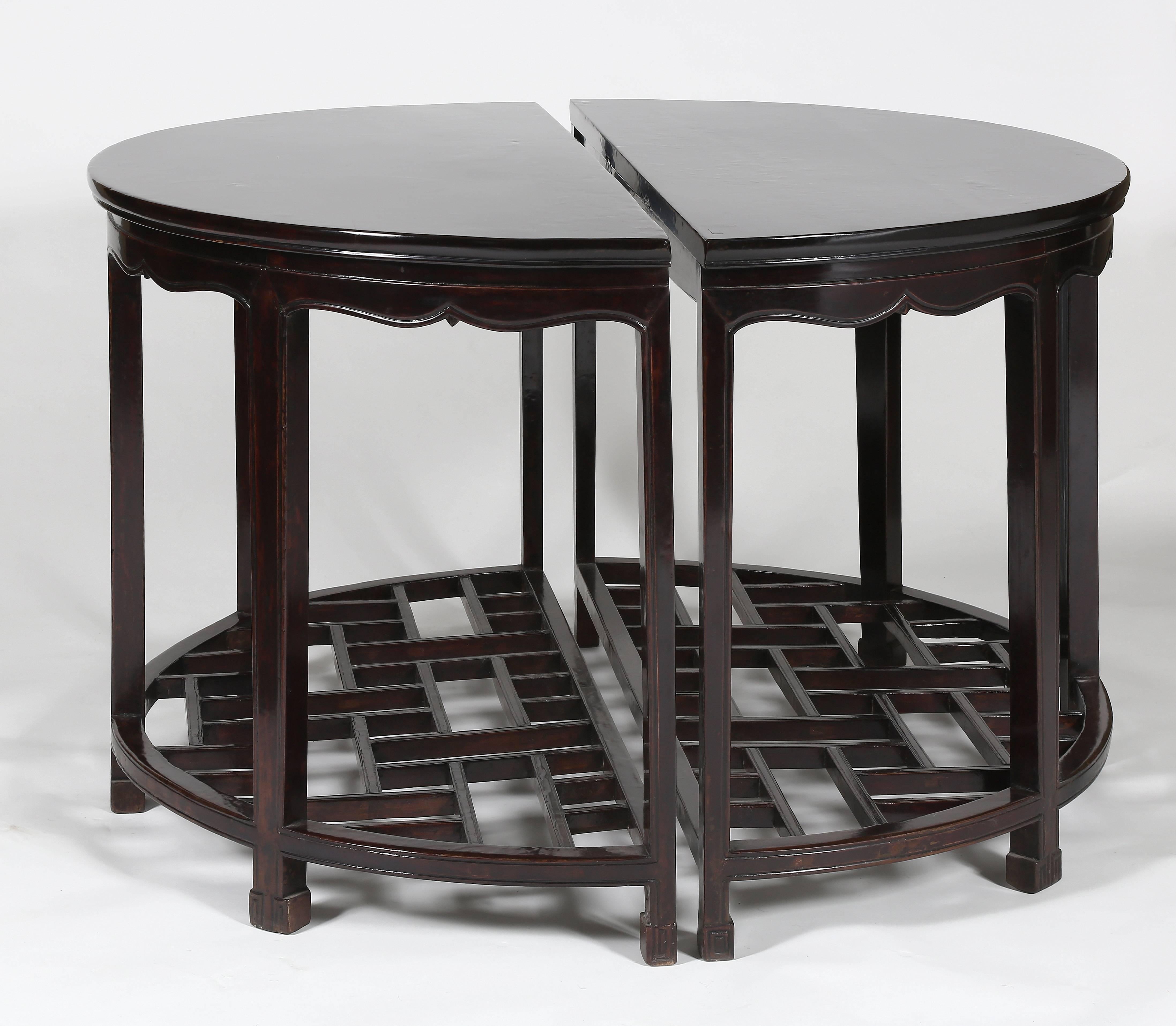 Antique Pair Chinese Demilune 'Half Moon' Tables Lattice/Fret Panels ...