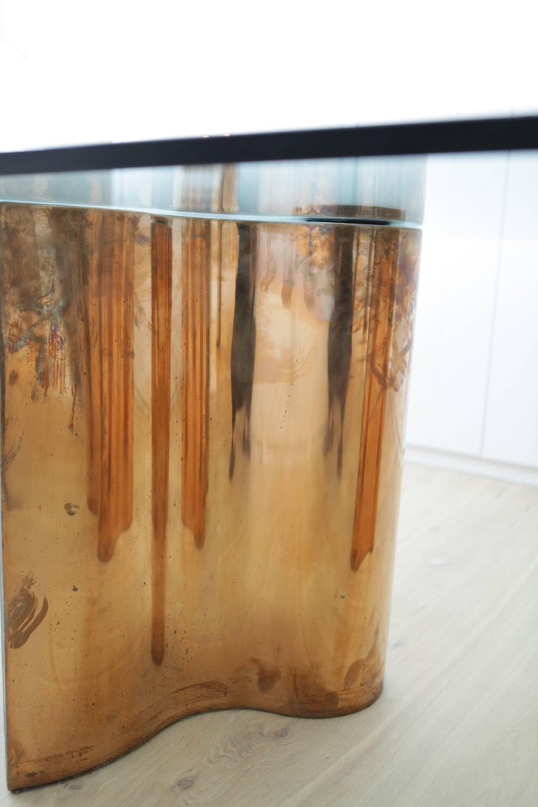 Unique Table, Brass Copper-Plated, Colorless Glass at 1stDibs