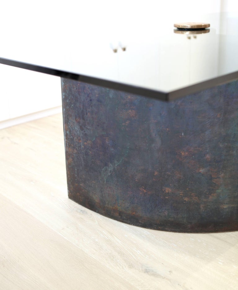 Unique Table, Brass Copper-Plated, Colorless Glass at 1stDibs