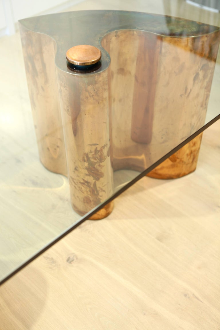 Unique Table, Brass Copper-Plated, Colorless Glass at 1stDibs