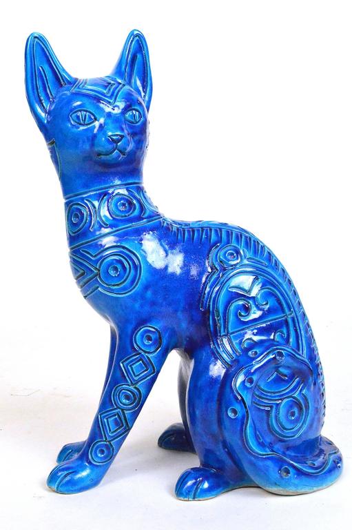 Pair of Mid-Century Large Italian Cobalt Glazed Pottery Cats at 1stDibs