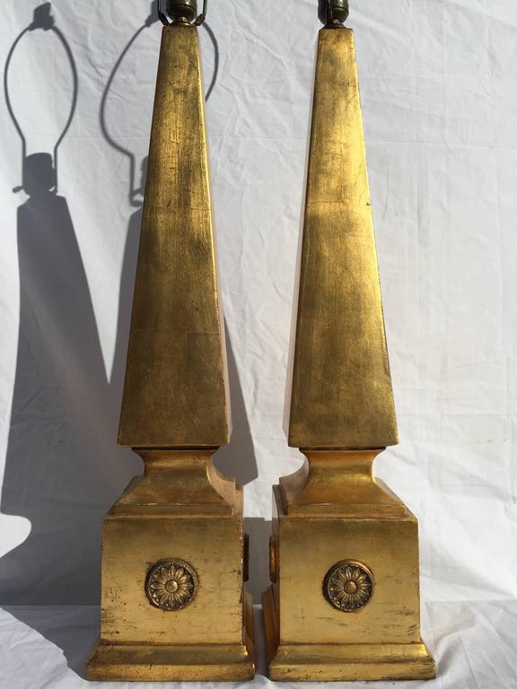 Pair of Monumental and Chic Gilt Obelisk Form Lamps with Sunflower ...