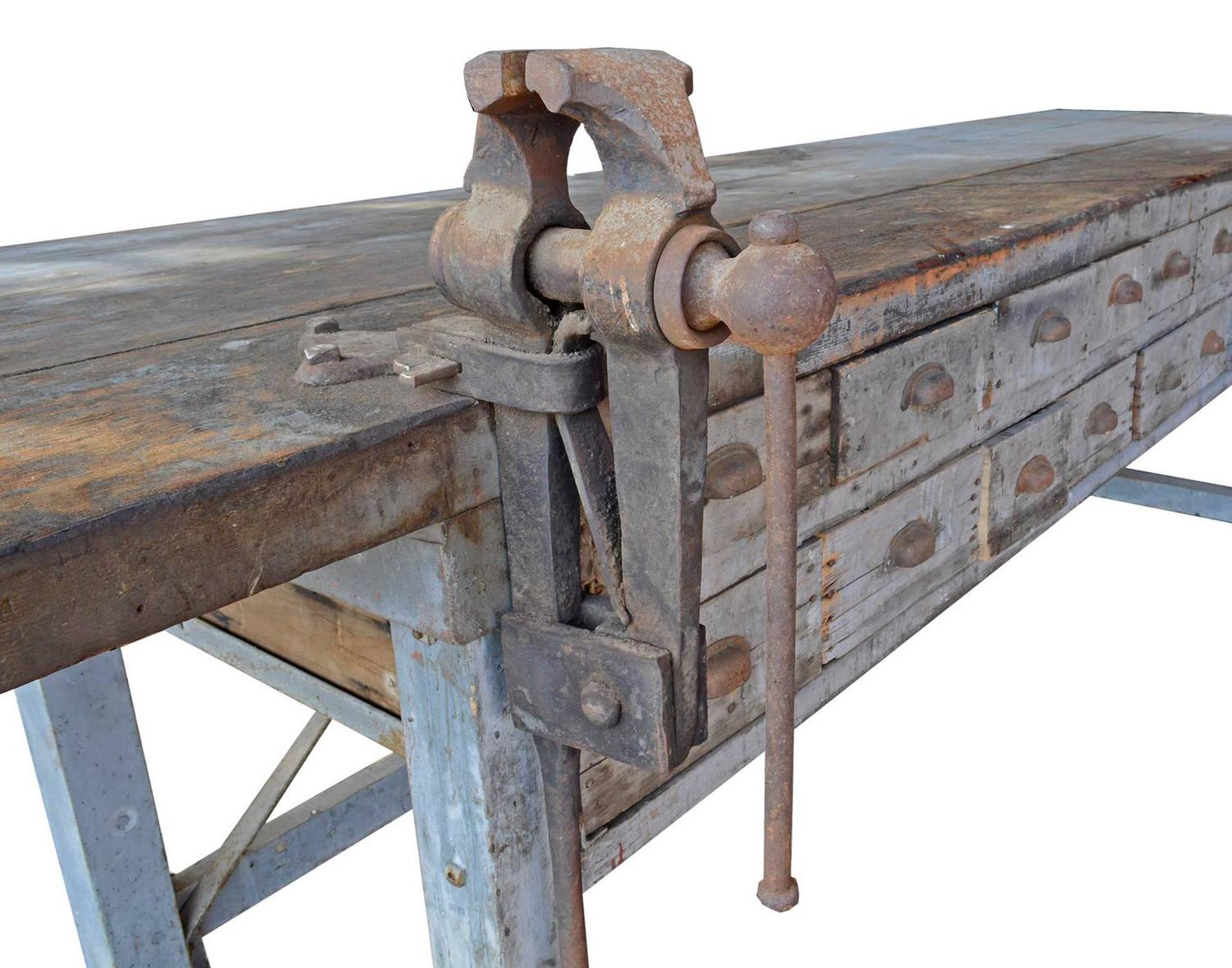 Rustic Handmade Work Bench with Blacksmith Vice For Sale at 1stdibs