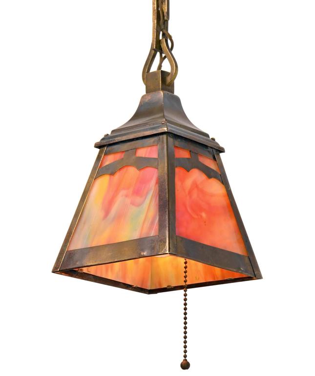 Philip Handel Lighting Co. Brass Pendant with Colorful Slag Glass ...