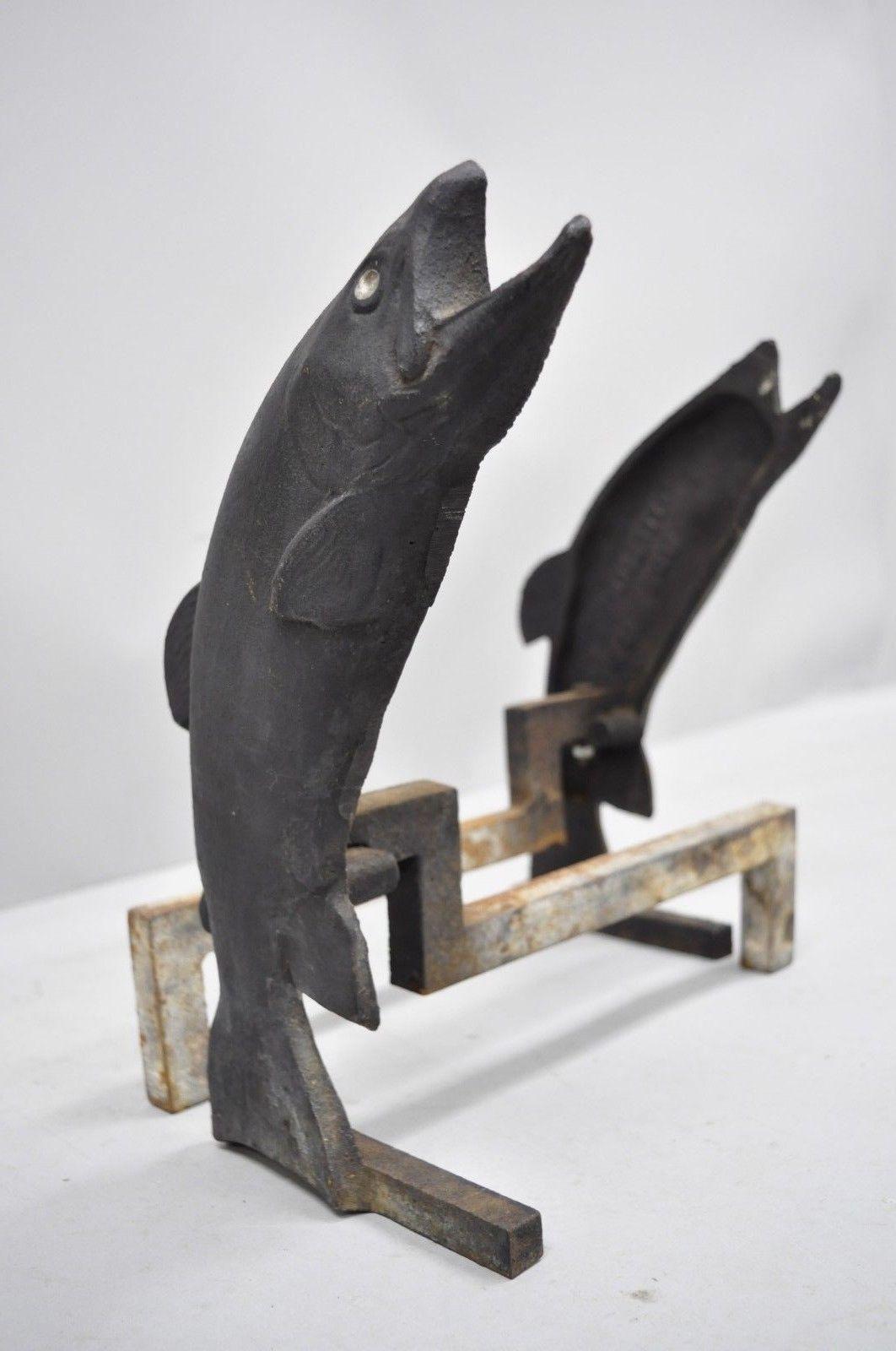 Pair of Antique Black Cast Iron Leaping Trout Fish Andirons by Liberty ...
