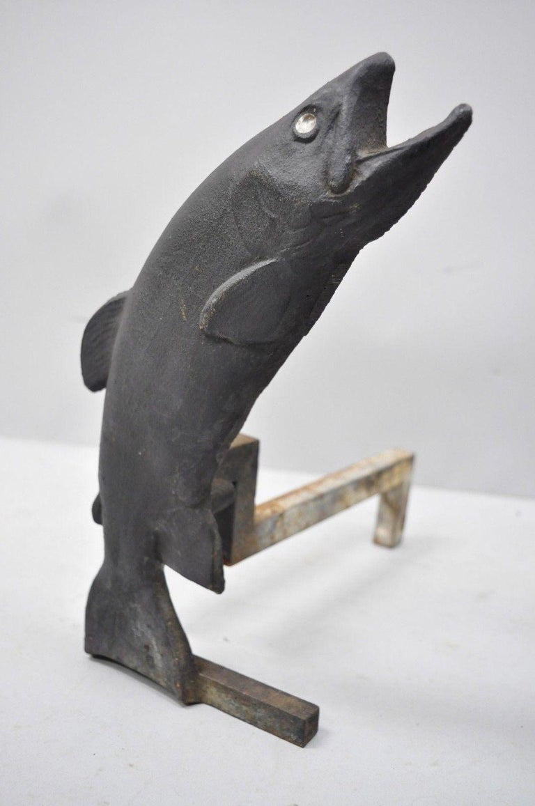 Pair of Antique Black Cast Iron Leaping Trout Fish Andirons by Liberty ...