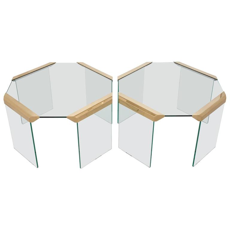 Pair of Brass Glass Waterfall Octagon Side End Tables at 1stDibs