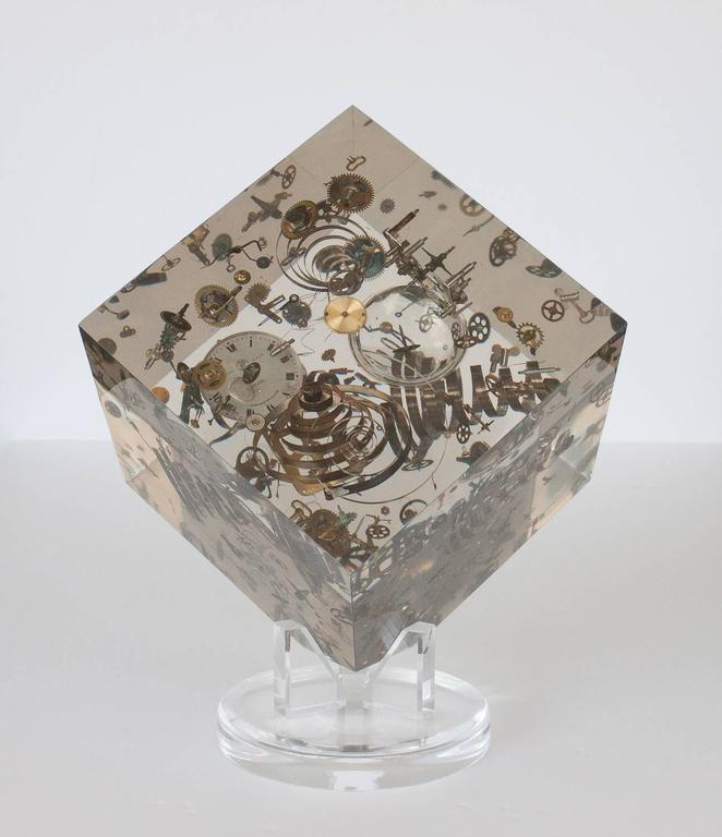 Huge Lucite Cube Sculpture with Exploded Clock Parts at 1stDibs