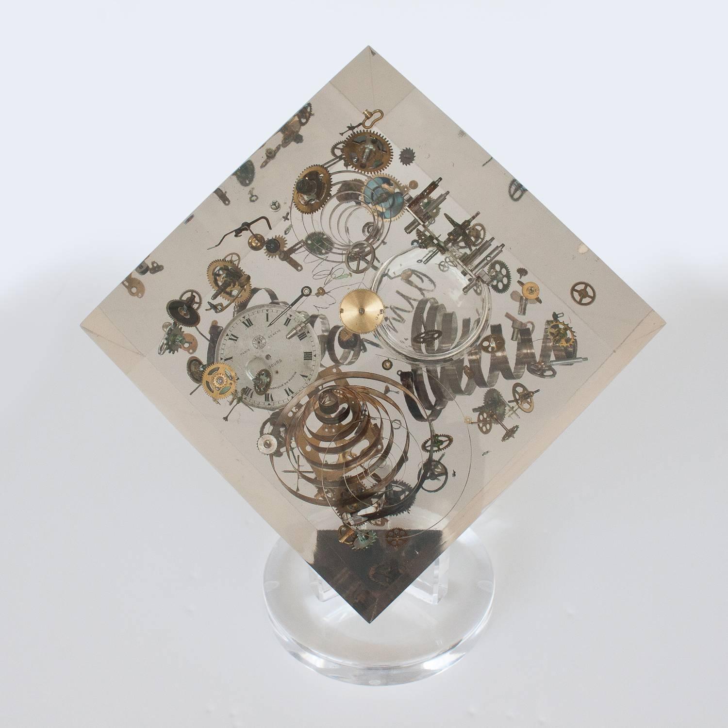 Huge Lucite Cube Sculpture with Exploded Clock Parts at 1stdibs