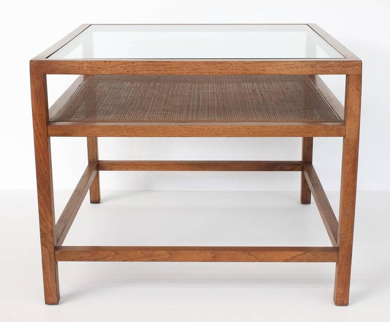Pair of Square End Tables with Cane Shelf at 1stDibs