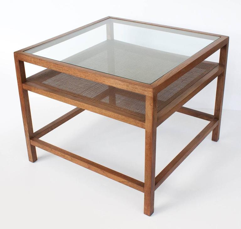 Pair of Square End Tables with Cane Shelf at 1stDibs