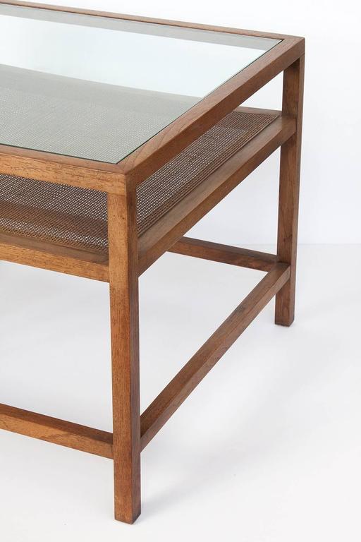Pair of Square End Tables with Cane Shelf at 1stDibs