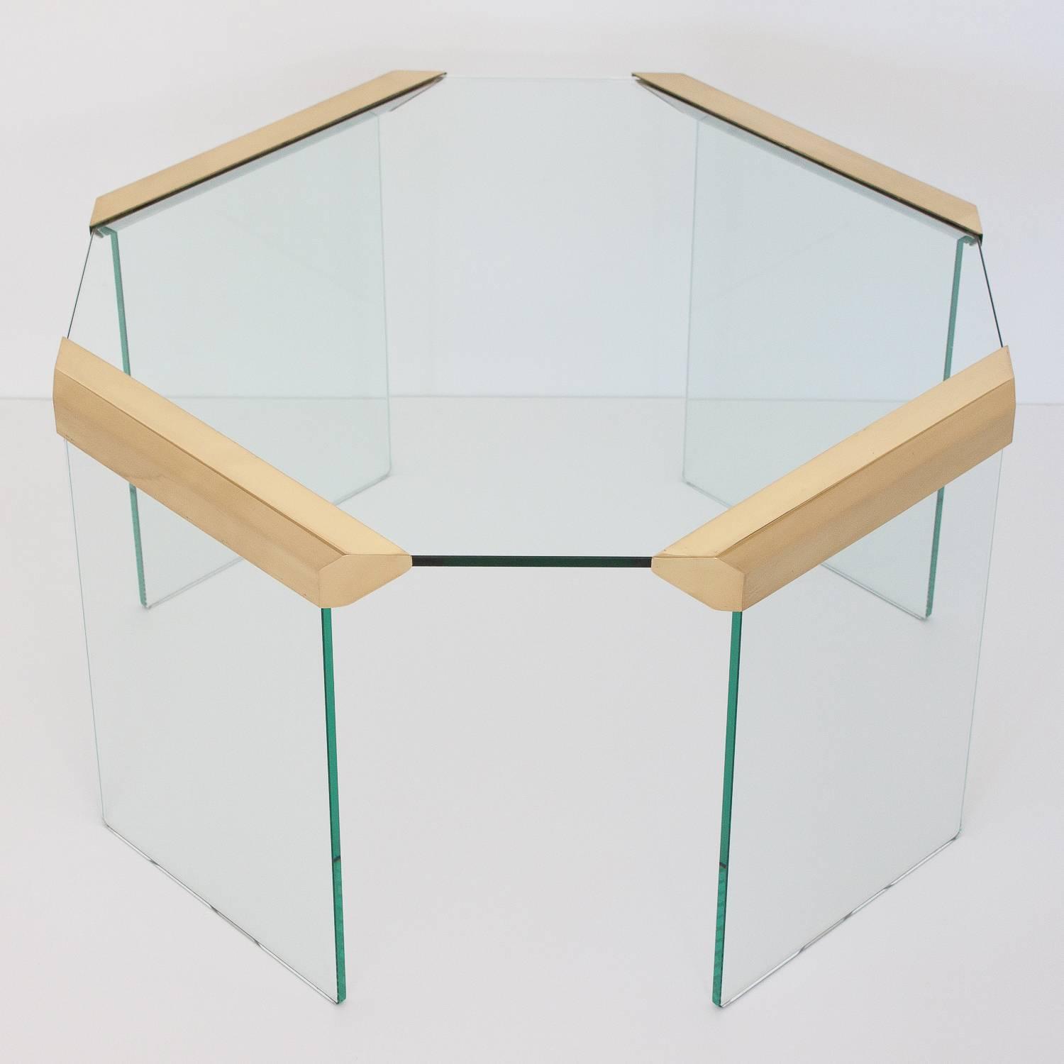 Pair of Brass Glass Waterfall Octagon Side End Tables For Sale at 1stdibs