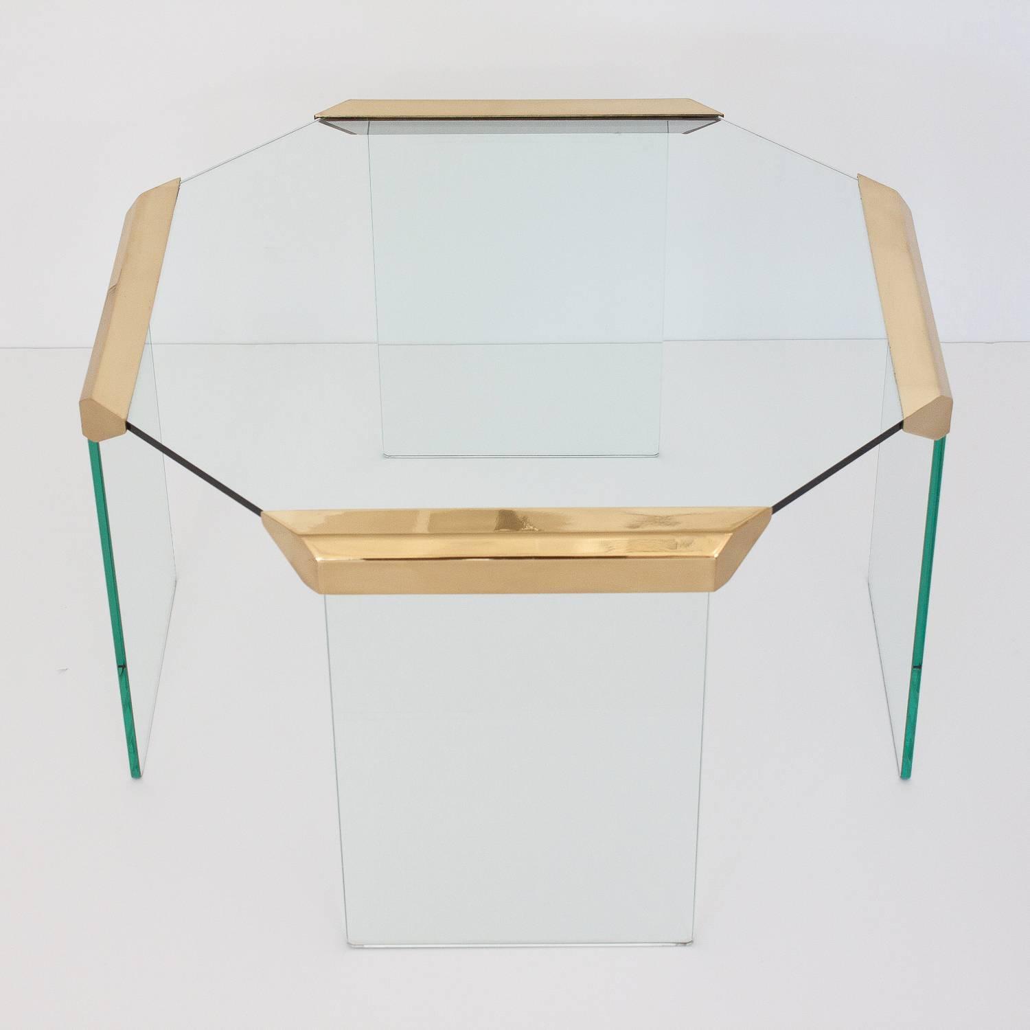 Pair of Brass Glass Waterfall Octagon Side End Tables For Sale at 1stdibs