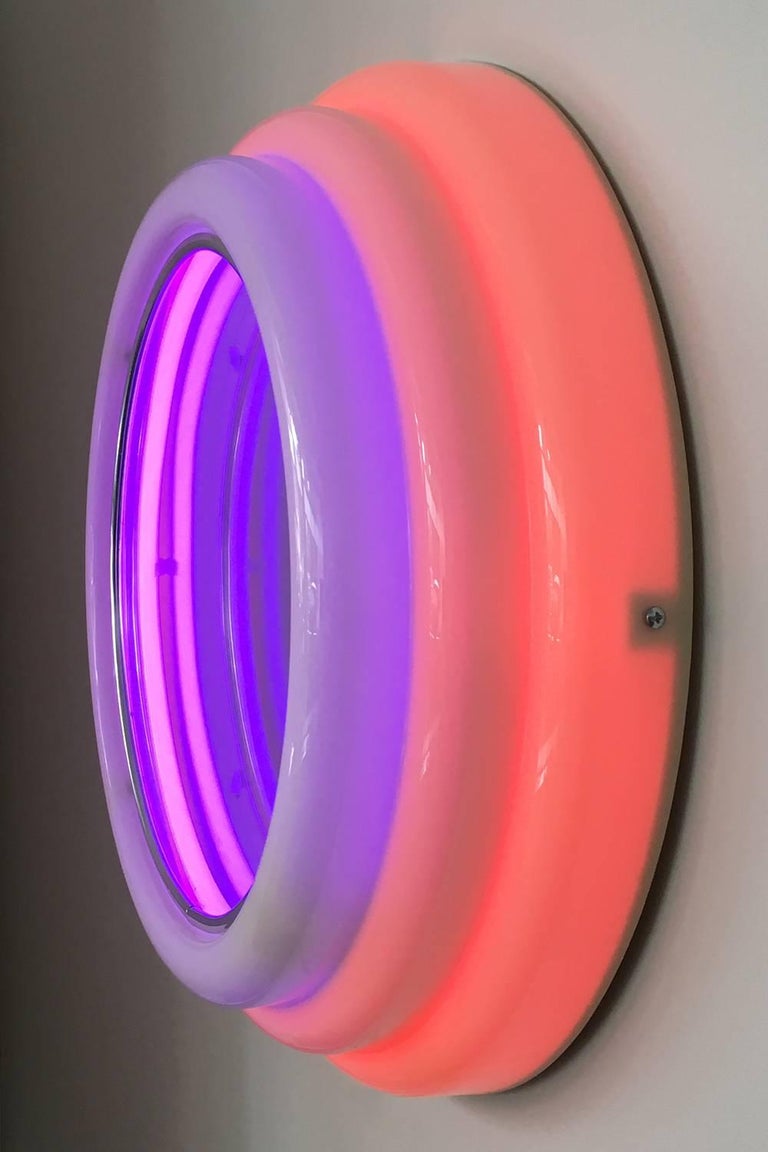 Sottsass Style Round Neon Wall Mirror / Light Sculpture at 1stDibs
