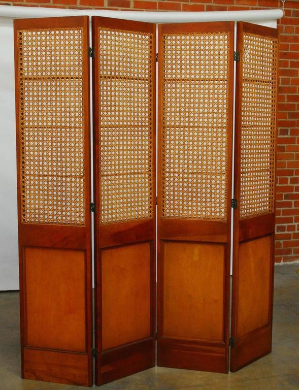 Four Panel Mahogany Screen with Cane Windows at 1stDibs