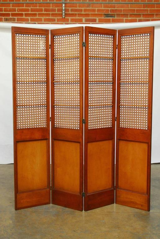 Four Panel Mahogany Screen with Cane Windows at 1stDibs