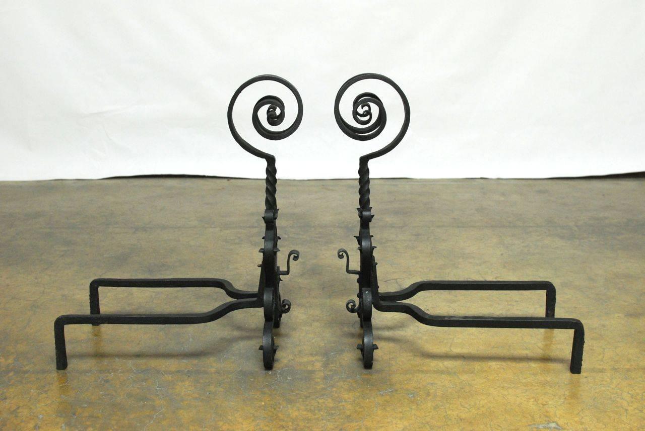 Pair of Arts and Crafts Ram’s Head Wrought Iron Andirons For Sale at ...