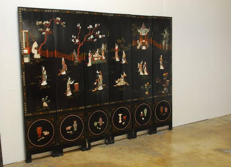 Six-Panel Chinese Lacquered Hardstone Screen at 1stDibs