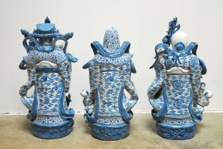 Chinese Blue and White Porcelain Wise Gods Fu, Lu, and Shou at 1stDibs