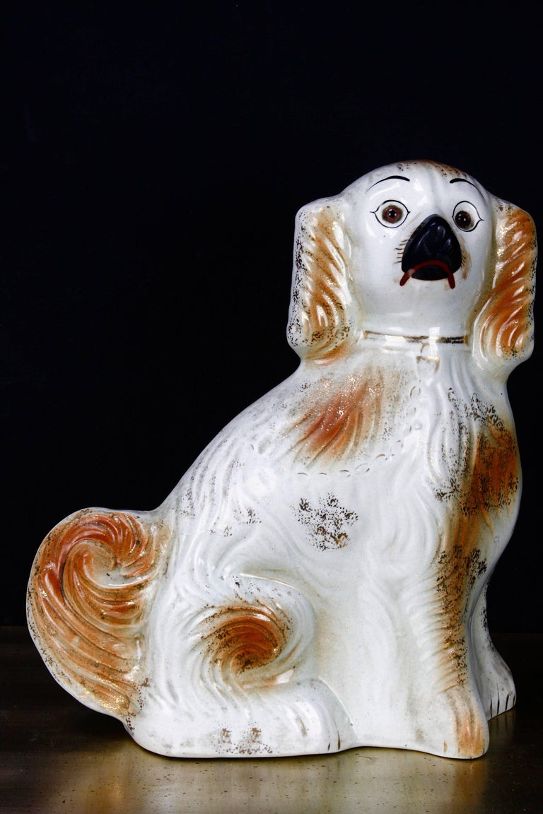 Pair of English Staffordshire Golden Ceramic Dogs at 1stDibs