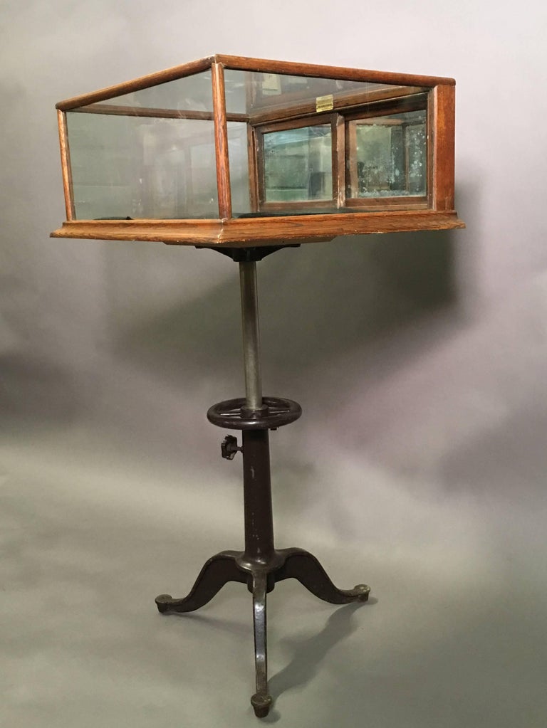 Antique Oak Shop Display Case with Cast Iron Pedestal Base at 1stDibs