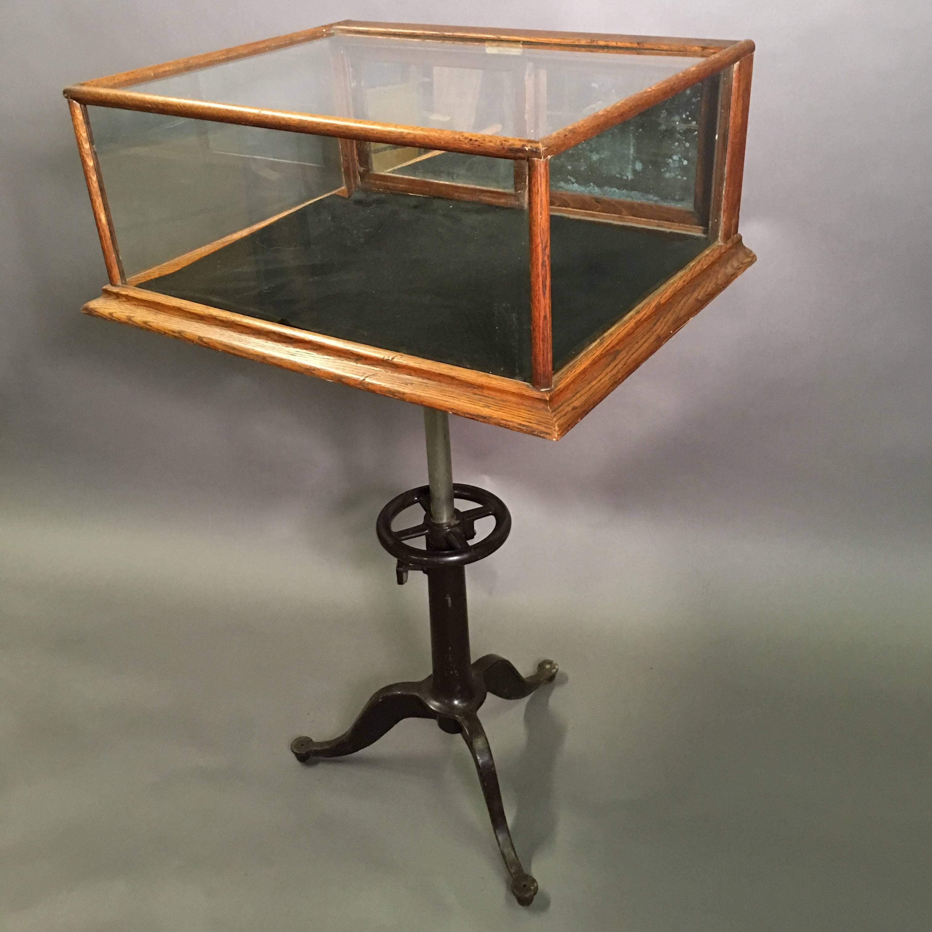 Antique Oak Shop Display Case with Cast Iron Pedestal Base at 1stDibs