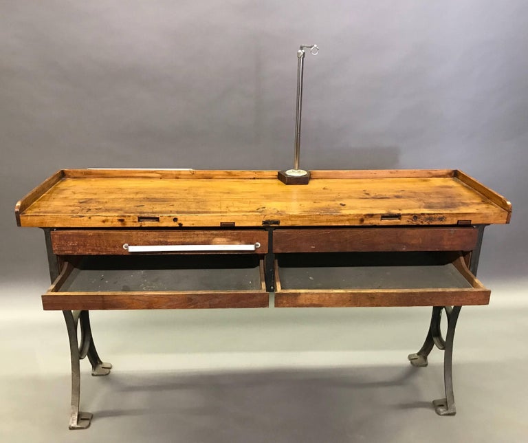 Industrial Double Wide Maple Cast Iron Jewelers Work Bench Table at 1stDibs
