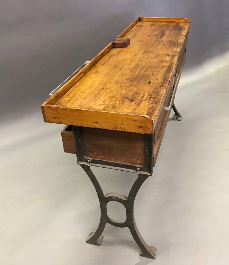 Industrial Double Wide Maple Cast Iron Jewelers Work Bench Table at 1stDibs