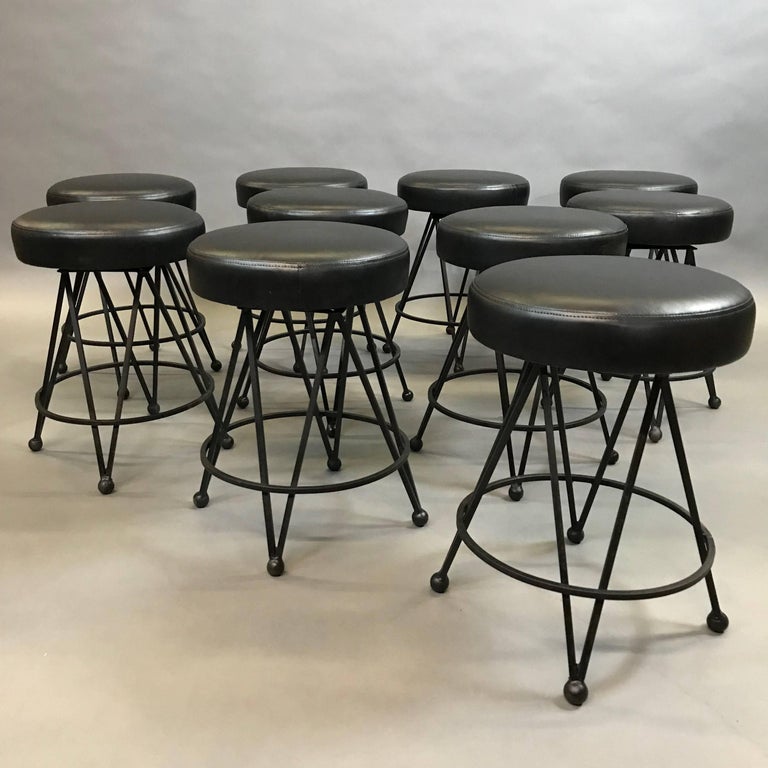 Mid-Century Modern Wrought Iron Vinyl Upholstered Swivel Stools at 1stDibs
