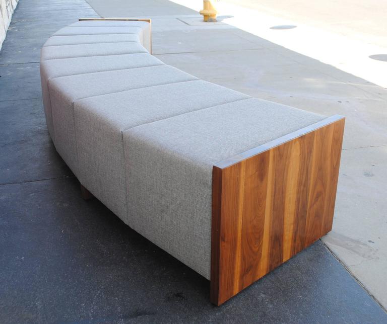 Large Modern Curved Upholstered and Walnut Bench For Sale at 1stDibs