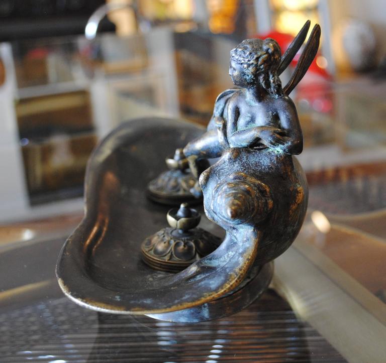 Art Nouveau Bronze Inkwell Fairy on Shell at 1stDibs