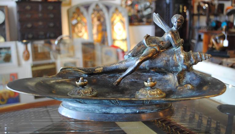 Art Nouveau Bronze Inkwell Fairy on Shell at 1stDibs