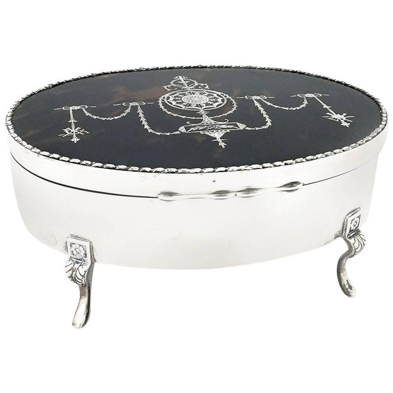 Art Nouveau Inlaid Tortoise Shell and Silver Jewelry Box For Sale at ...