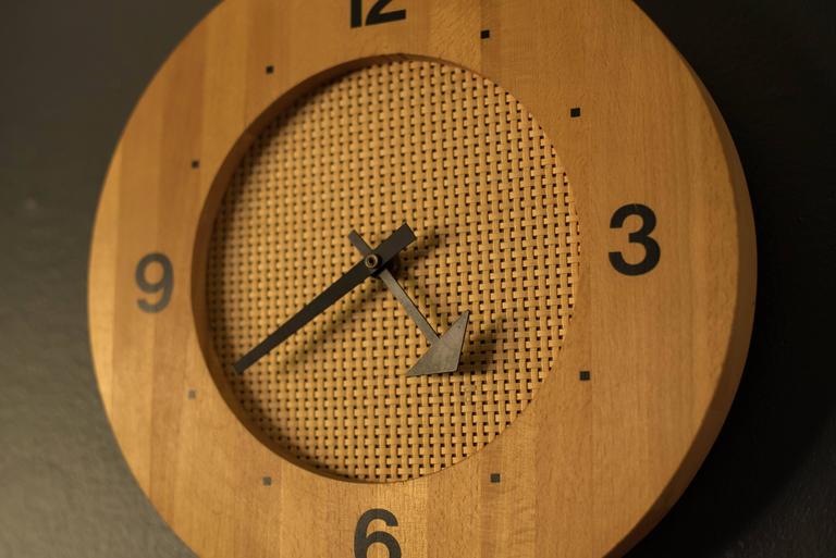 Mid-Century Modern Cane and Wood Clock at 1stDibs