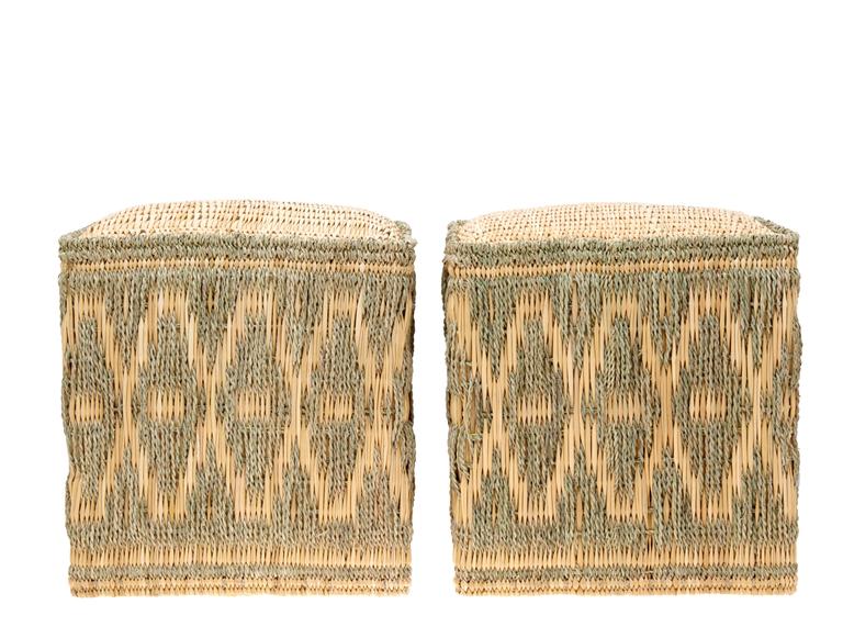 Pair of Moroccan Wicker Stools with Cord Decorations For Sale at 1stDibs