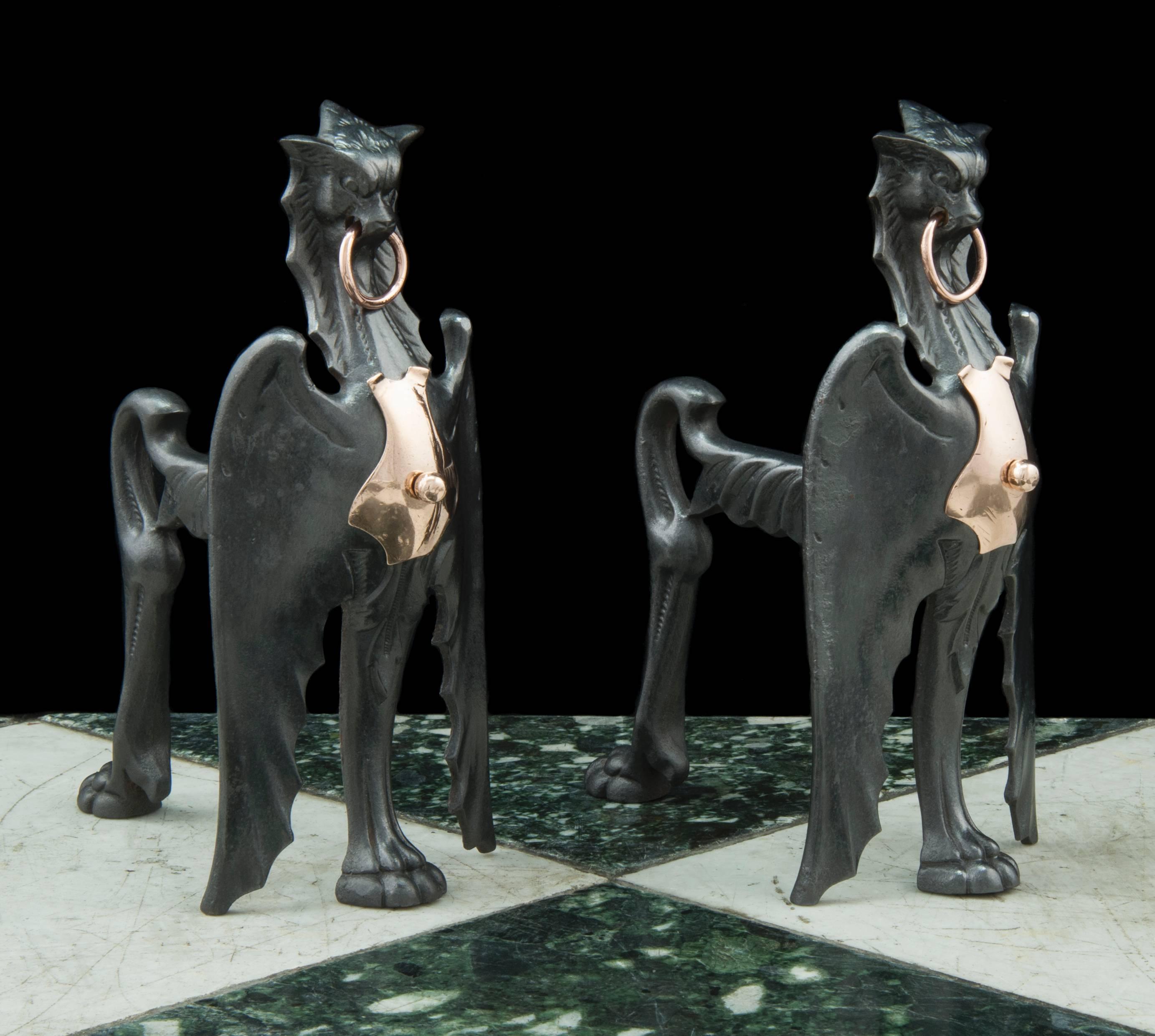 Pair of Antique Cast Iron and Copper Mounted Griffin Andirons at ...