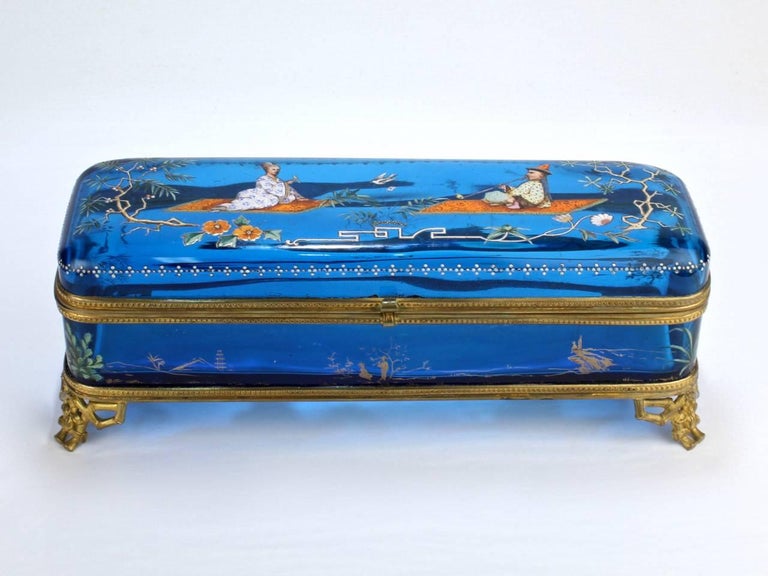 Large Japonisme Moser-Type Bronze Mounted and Enameled Blue Glass ...