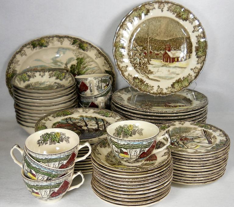 JOHNSON Brothers FRIENDLY VILLAGE pattern 69-piece SET SERVICE for Twelve (12) at 1stDibs