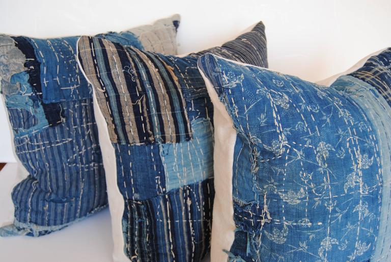 Custom Antique Japanese Indigo Boro Pillow with Sashiko Stitching For ...