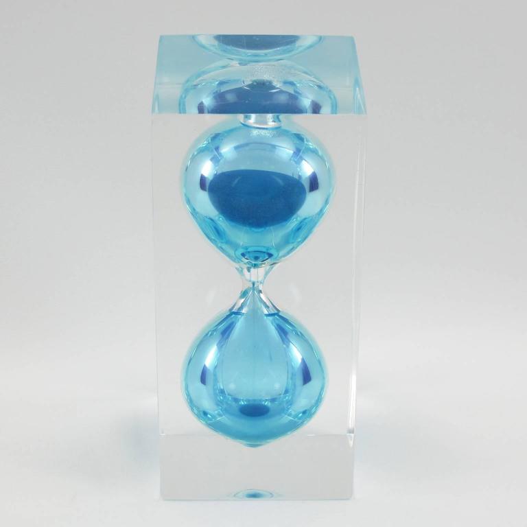 1970s Mid Century Modernist Large Lucite Hourglass with Blue Sand For ...